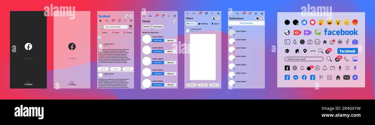 Facebook design. Loading screen, social media interface template. Subscriptions, homepage, feed ...