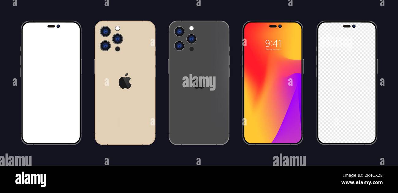 Iphone 13 interfaces. Apple mockup. Front, back side of the phone ...