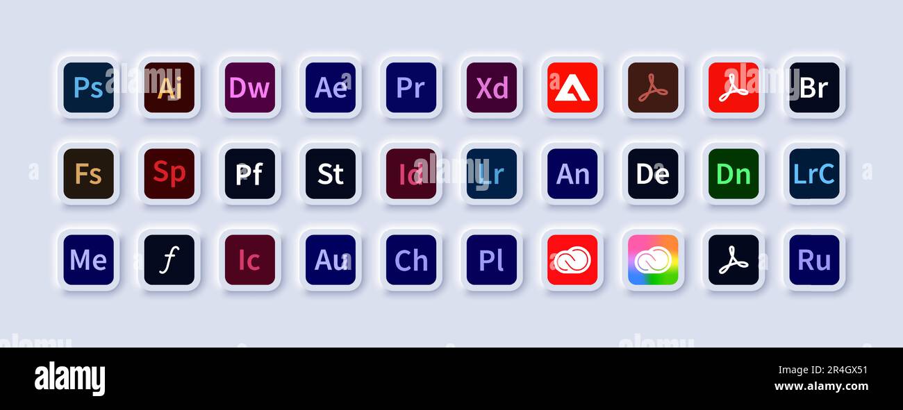 Adobe products. Logotype set of adobe apps: illustrator, photoshop ... Adobe products. Logotype set of adobe apps: illustrator, photoshop ...