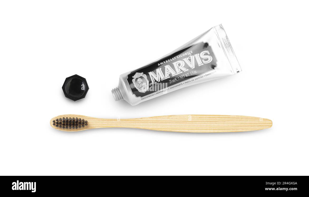 Chisinau, Moldova May 26 2023: Tube of Marvis toothpaste and wooden ...