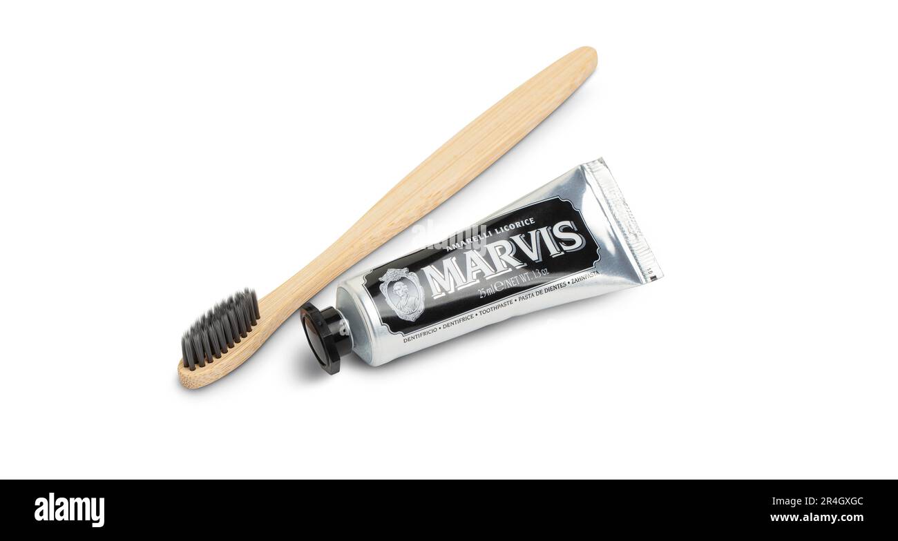 Chisinau, Moldova May 26 2023: Tube of Marvis toothpaste and wooden ...