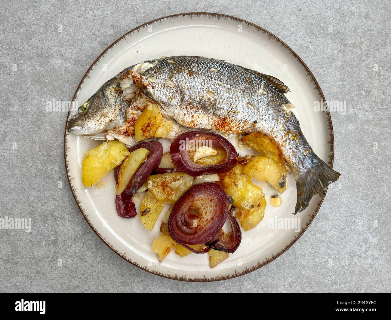 seafood, top view delicious grilled sea bass fish on plate served with ...