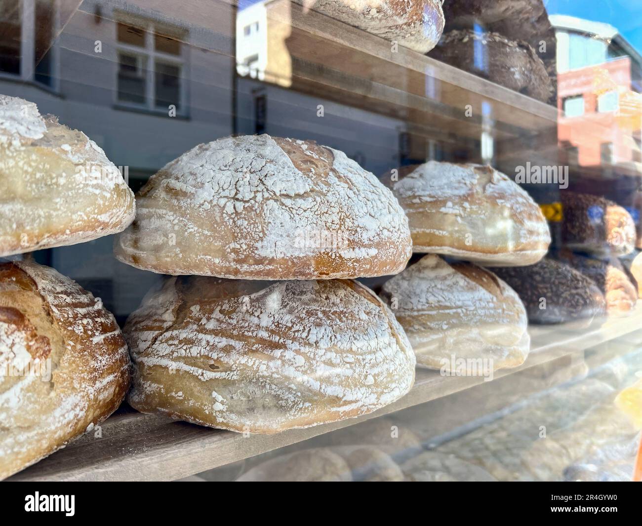 bread, closeup side view delicious loaf of breads on the window shop of ...