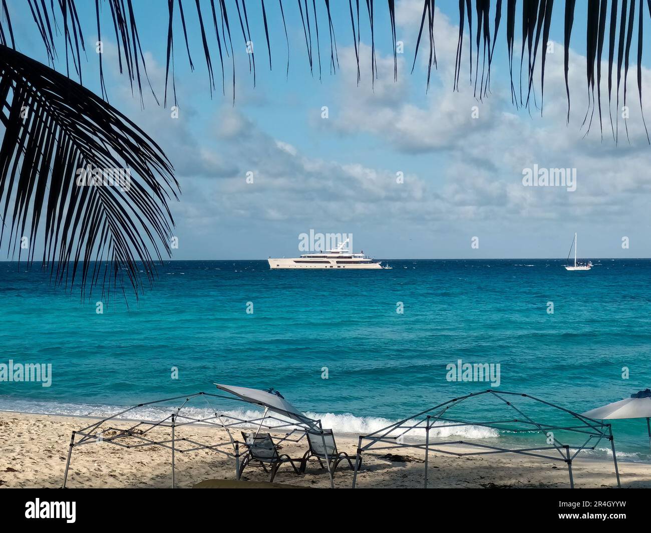 A luxury yacht moored off the coast of Bimini in the Bahamas Stock ...