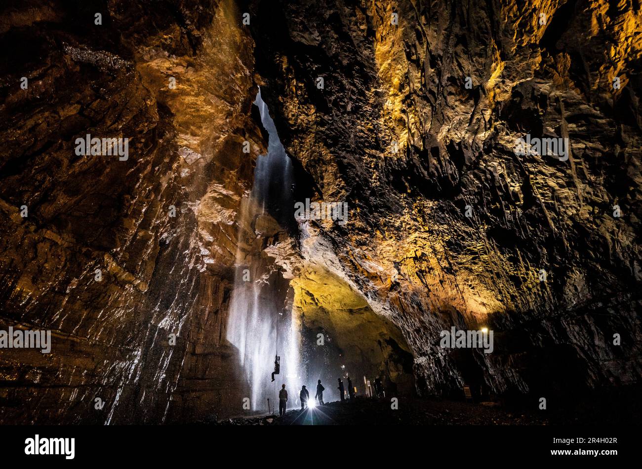 Potholers explore Gaping Gill, the largest cavern in Britain, situated ...