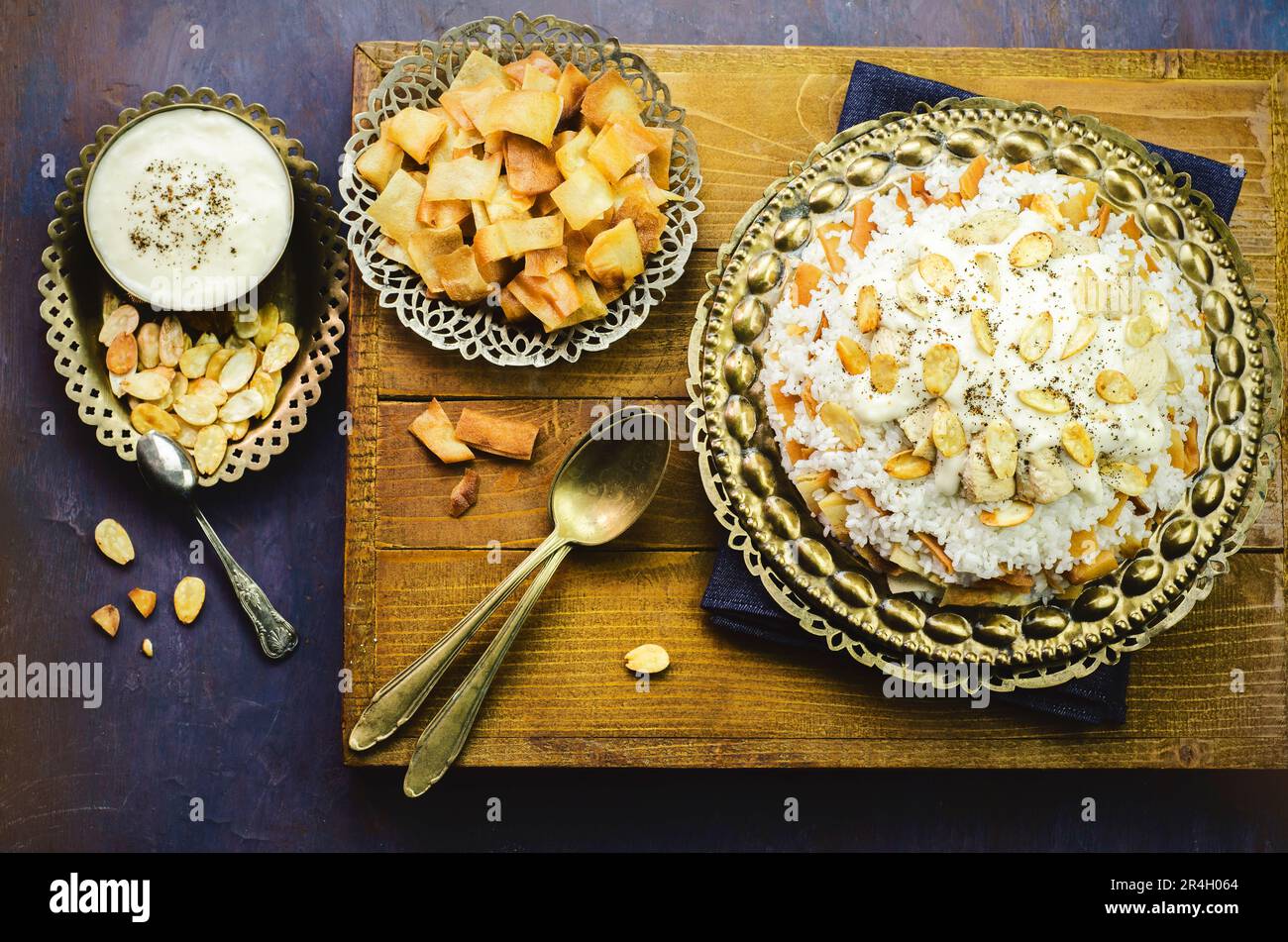 Arabic cuisine; Jordanian Chicken "Mansaf" of white rice and crispy ...