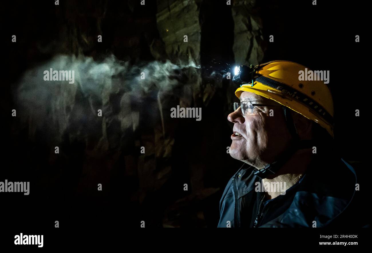 A potholer explores Gaping Gill, the largest cavern in Britain ...