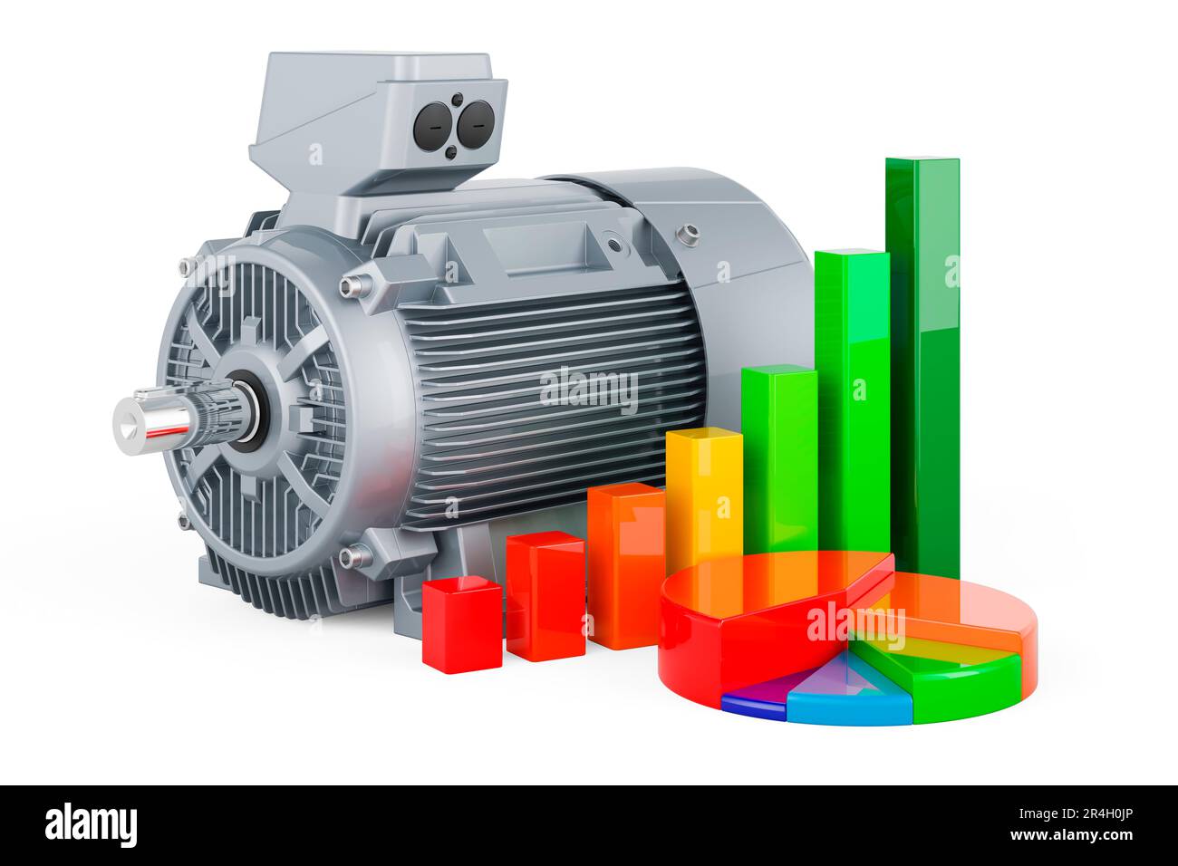 Industrial electric motor with growth bar graph and pie chart, 3D ...