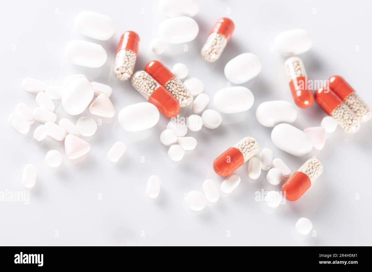 pills, top view pills and antibiotic capsule tablets isolated on white ...