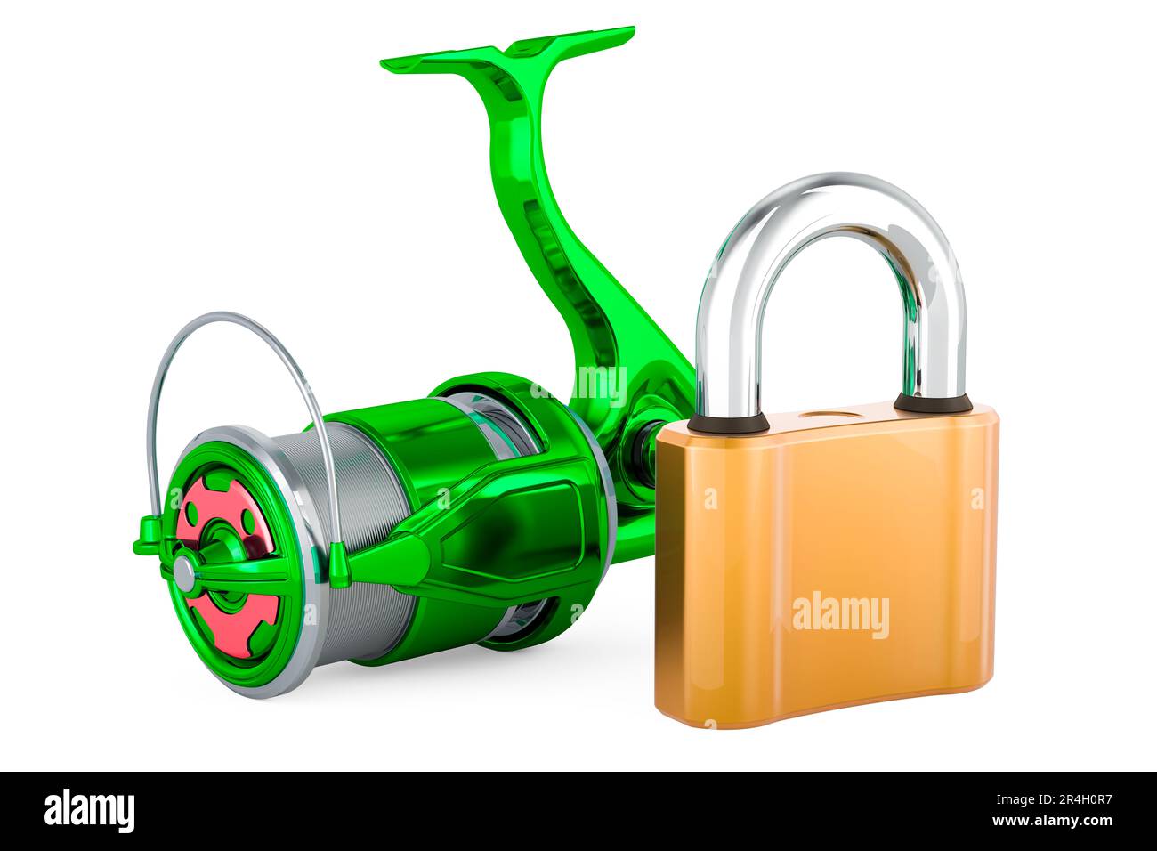 Spinning reel with padlock. 3D rendering isolated on white background ...