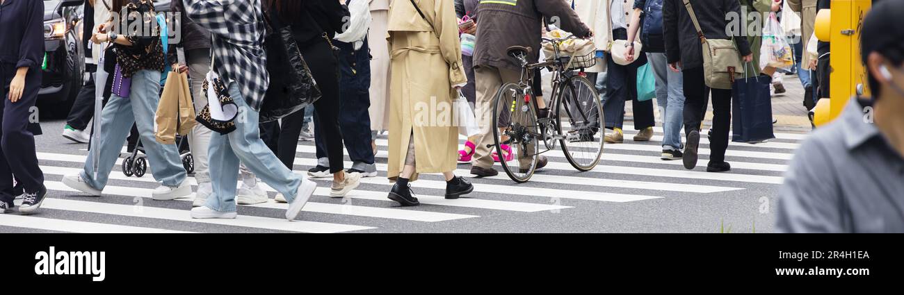 crowd of people crossing a city street at the zebra crossing Stock ...