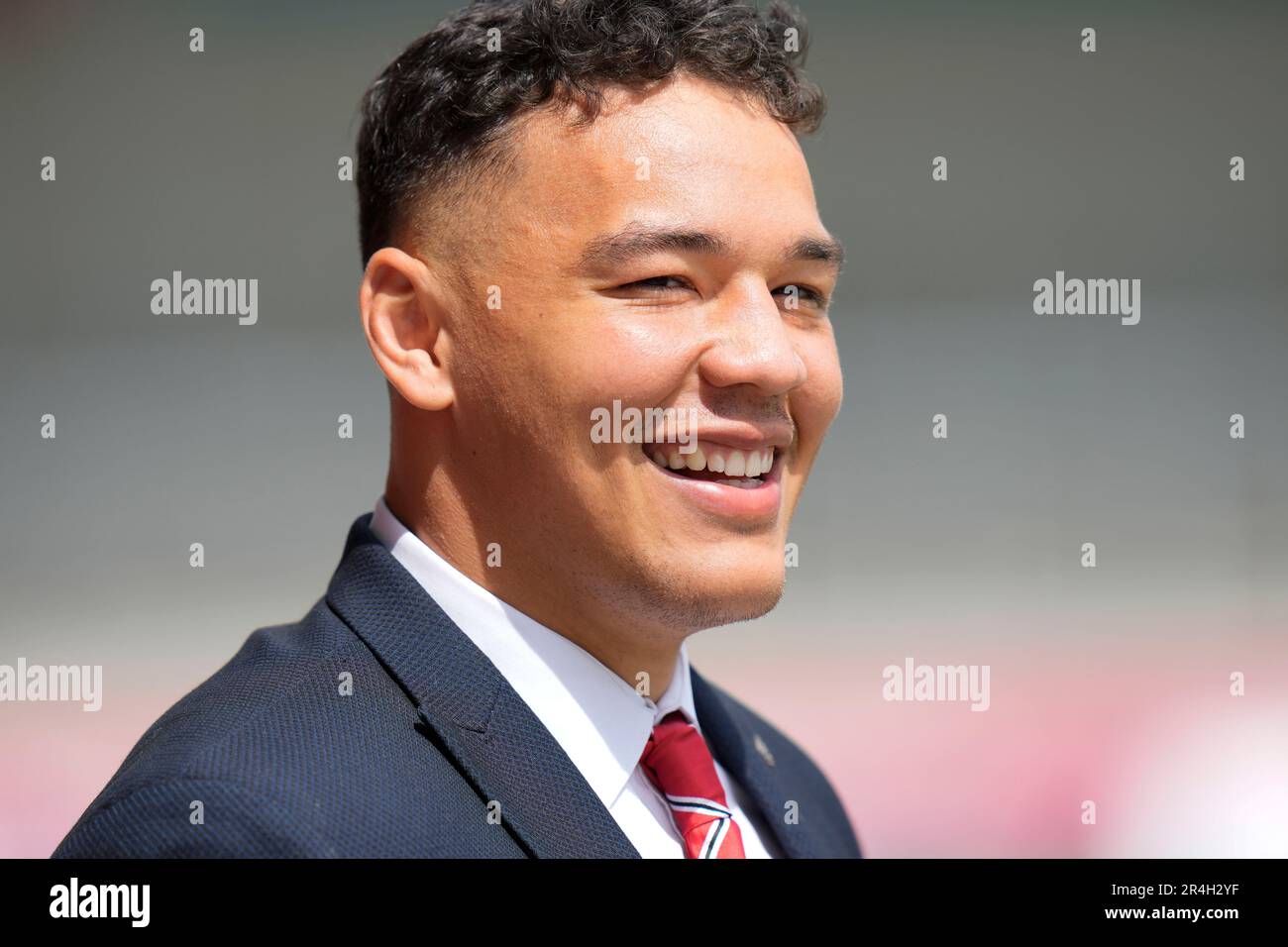 Tyler Dupree #16 of Salford Red Devils inspects the pitch before the ...