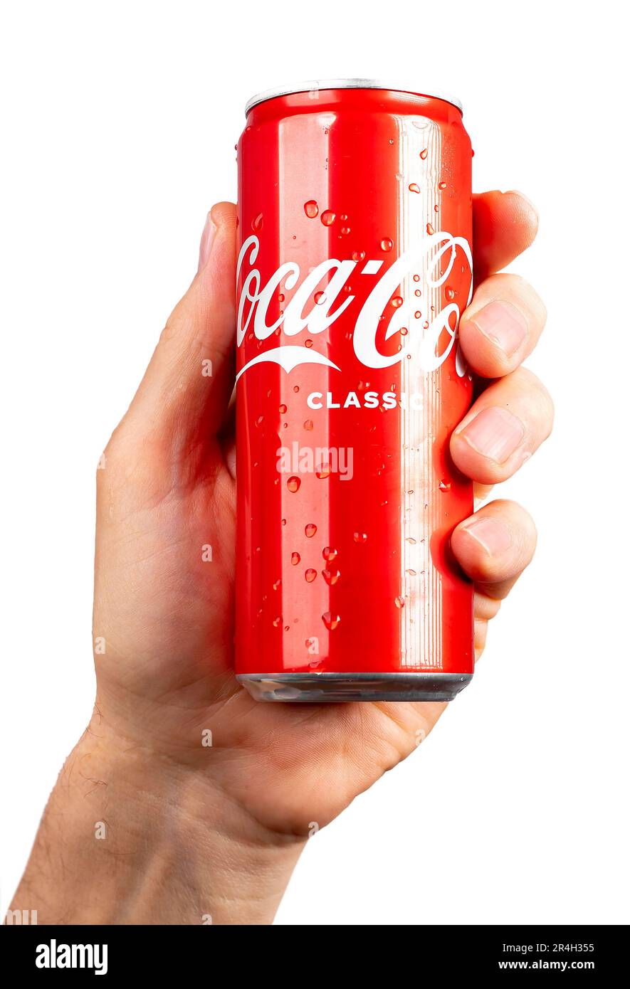 Berlin Germany May 23 2023 Hand holding Coca Cola drink, packed in red ...