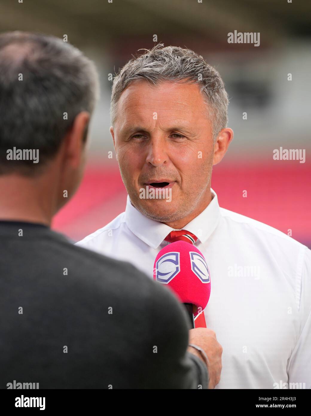 Paul Rowley Head Coach of Salford Red Devils is interviewed before the ...