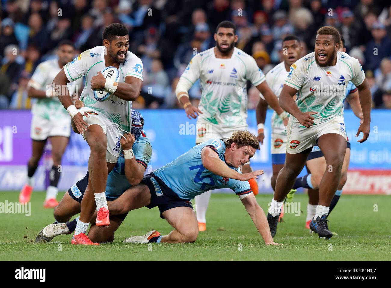 Ilaisa Droasese of Fiji is tackled during the Super Rugby Pacific match ...