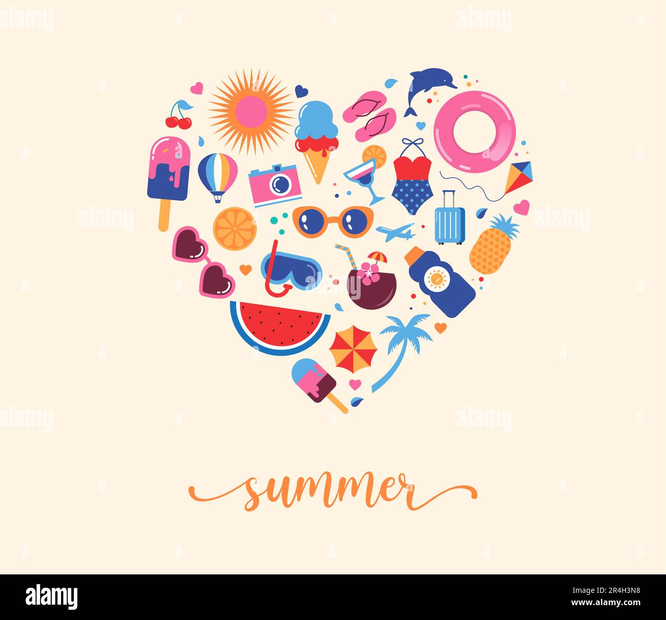 Summertime vibes heart design with cute summer beach doodles and icons ...