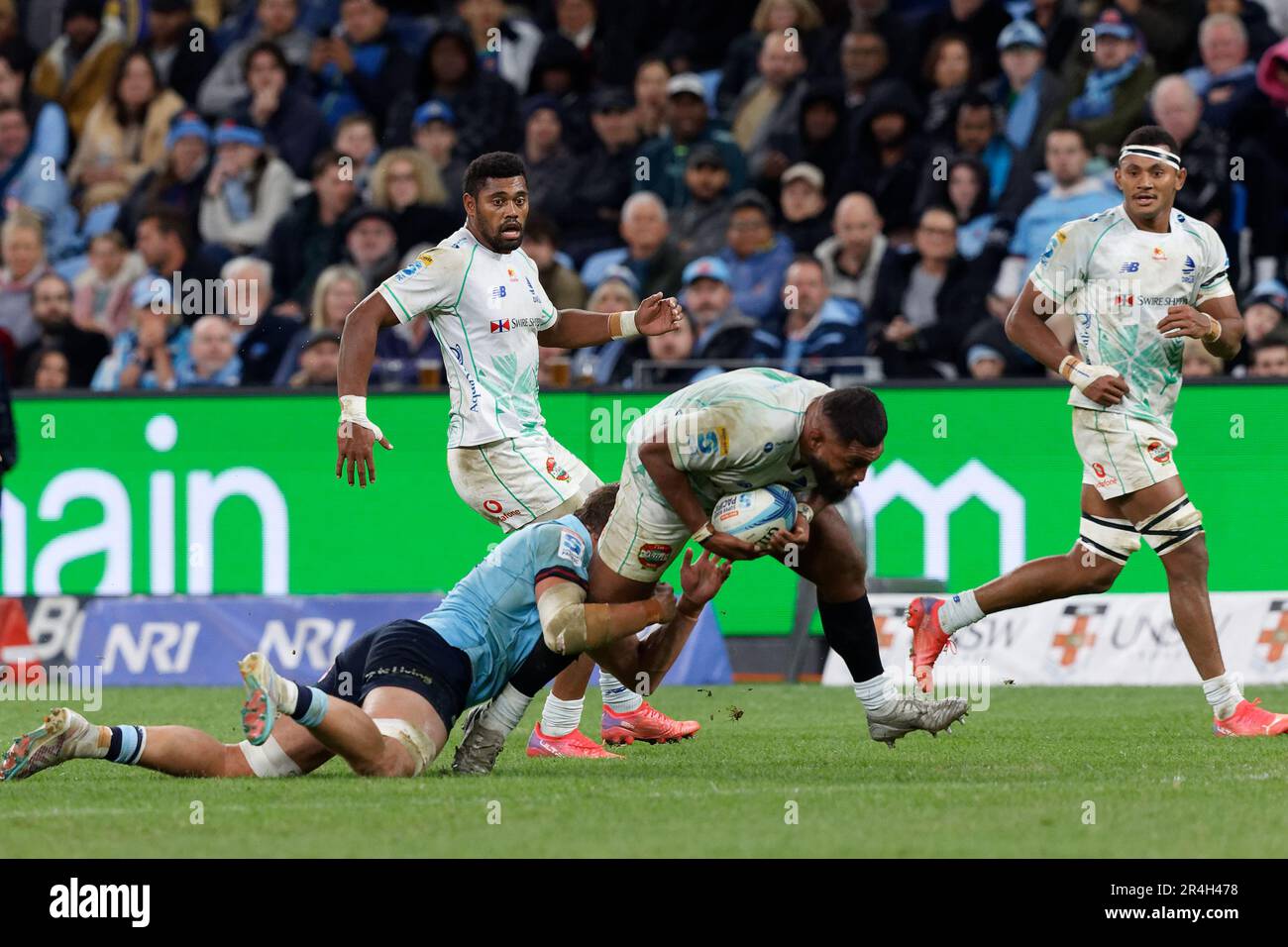 Haereiti Hetet of Fiji is tackled during the Super Rugby Pacific match ...