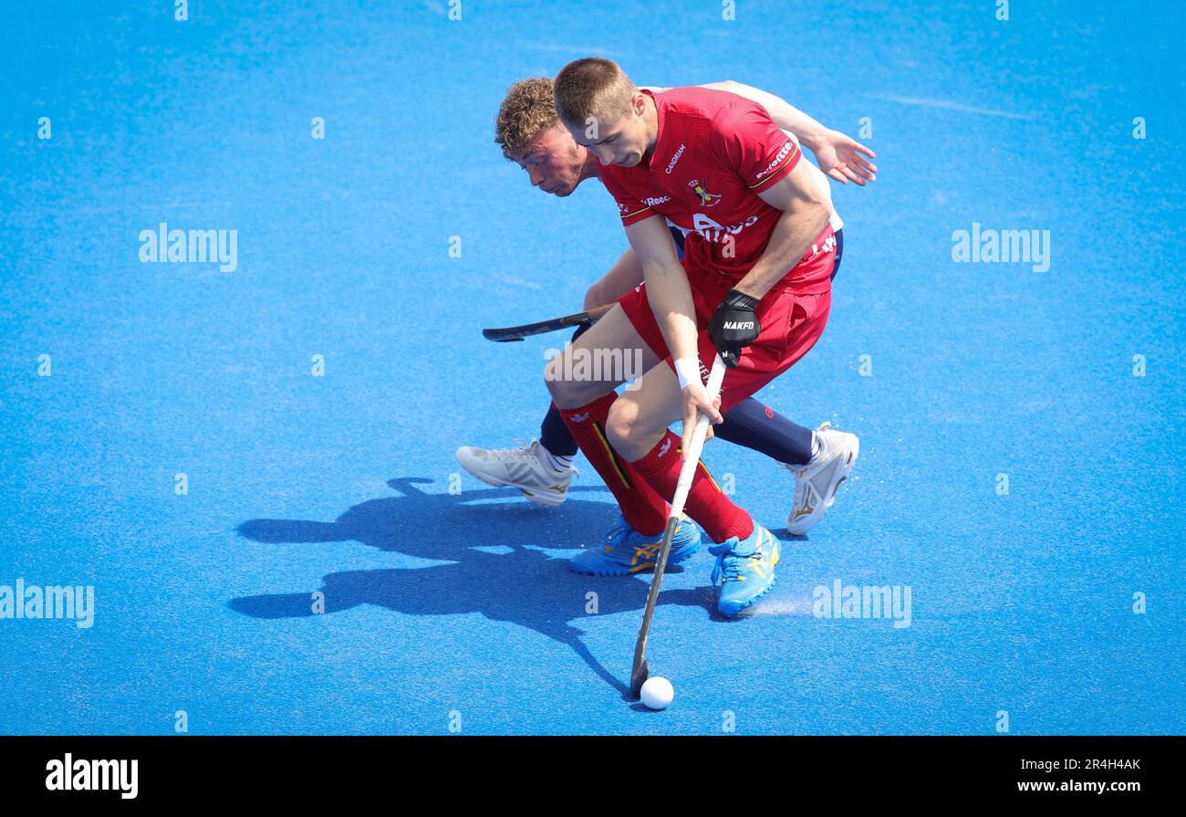 London, UK. 28th May, 2023. Belgium's Thomas Crols fights for the ball ...