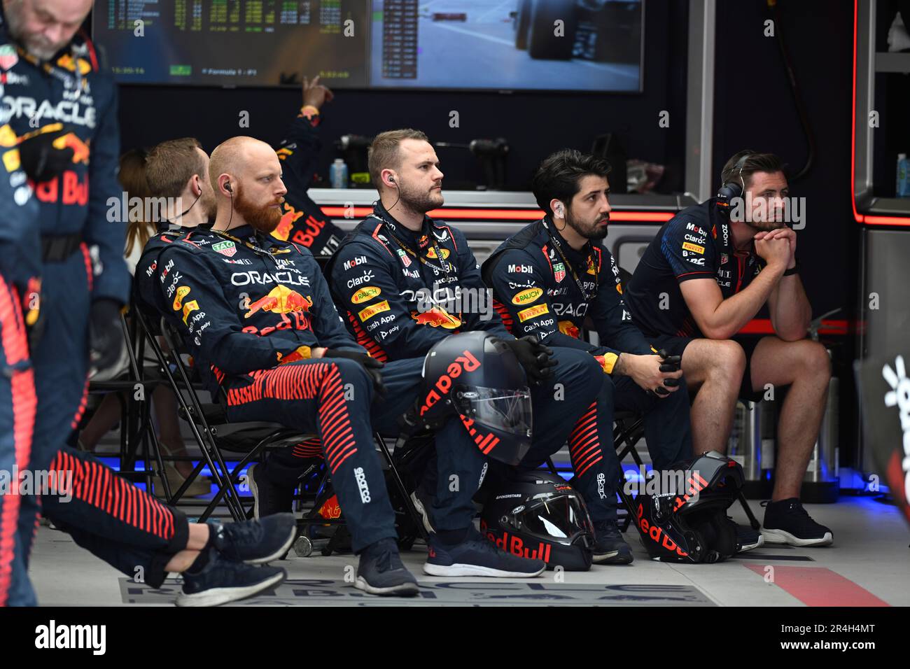 The Red Bull team watch the race from their garage during the Monaco ...