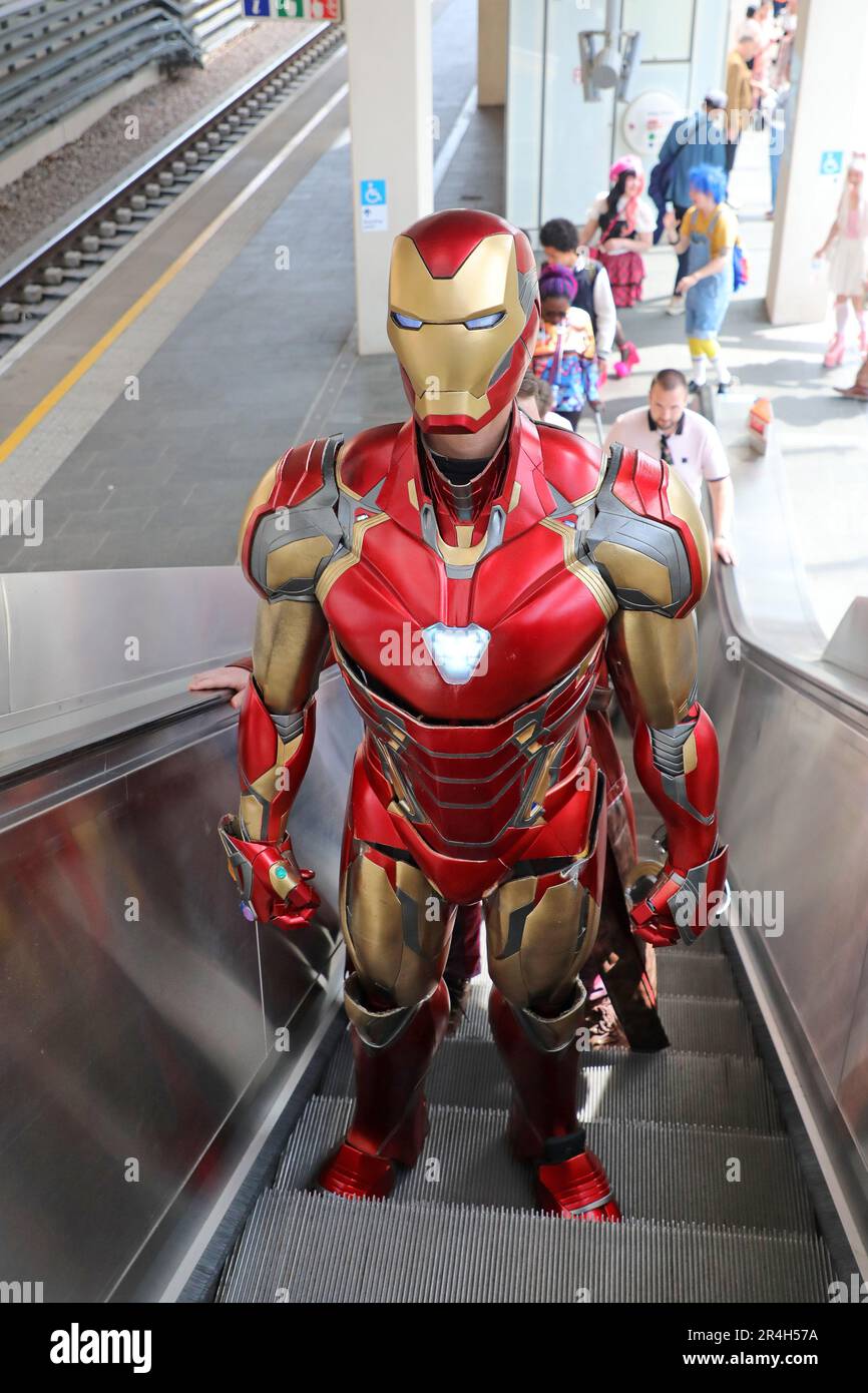 London, UK. 28th May, 2023. Iron Man riding the Elizabeth Line to MCM ...