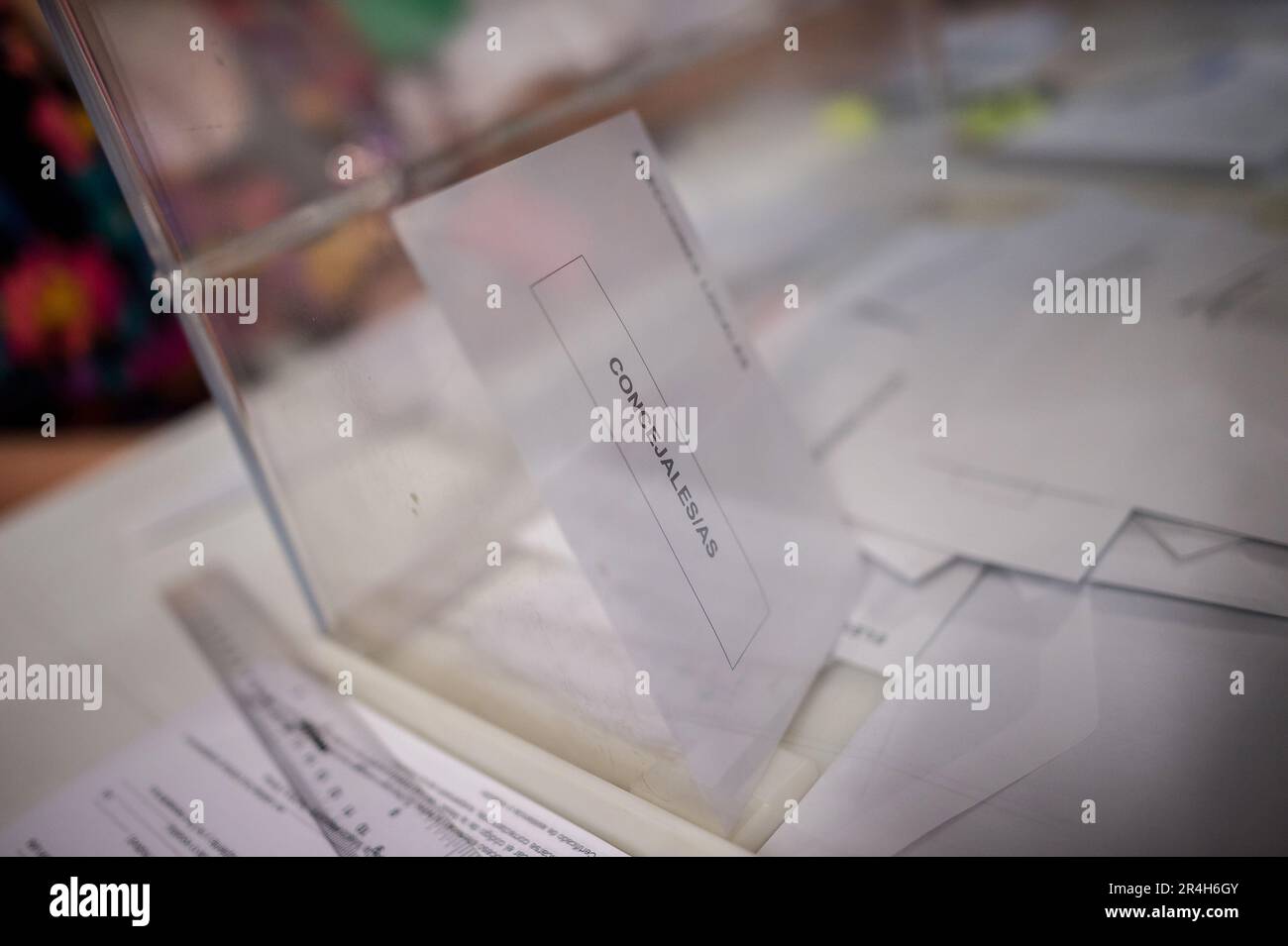 Votes seen inside a ballot box at a polling station during the ...