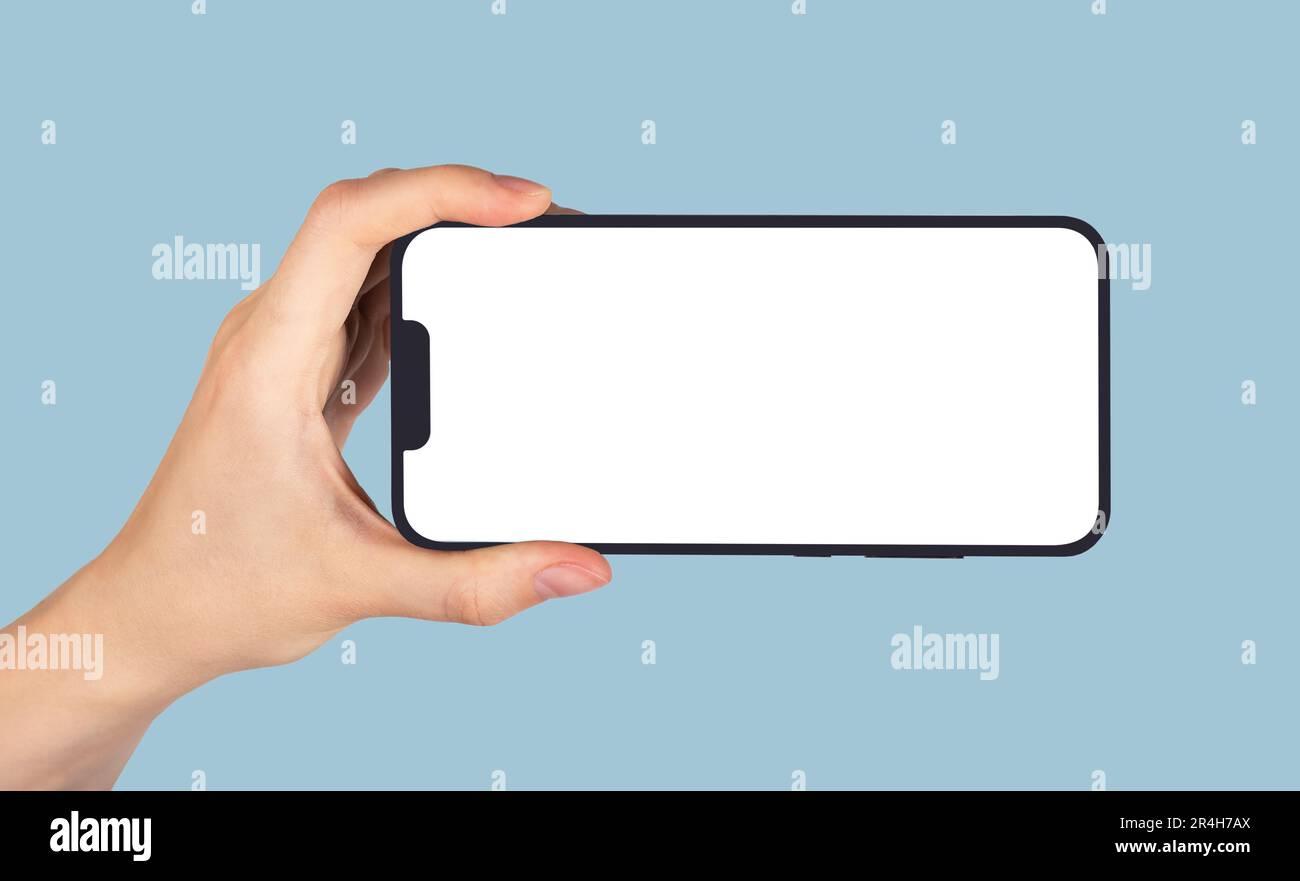 Lodz Poland May 26 2023 Hand holding horizontal mobile phone screen ...