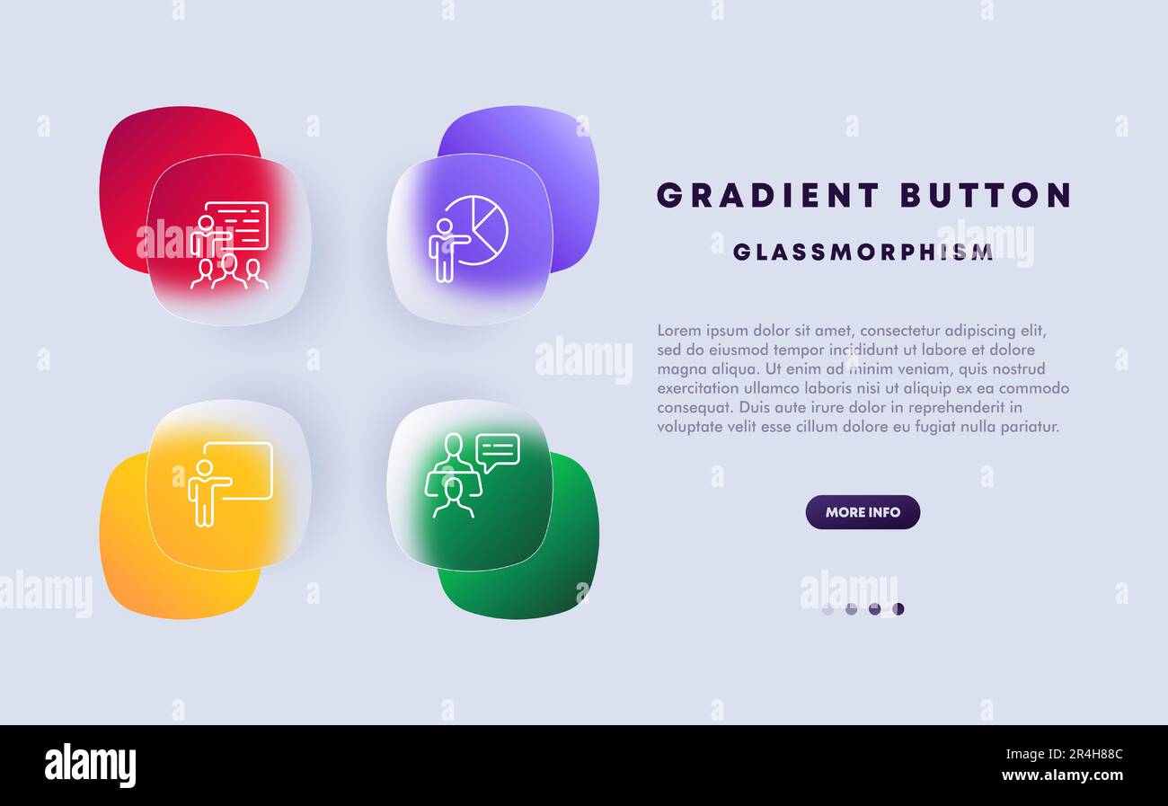 Business presentation icon set. Presenter, slides, charts, data analysis, audience. Professional ...