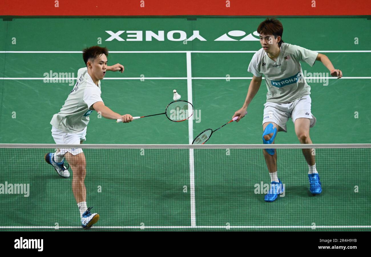 Kuala Lumpur, Malaysia. 28th May, 2023. Malaysia's Man Wei Chong/Tee Kai Wun (L) compete during ...