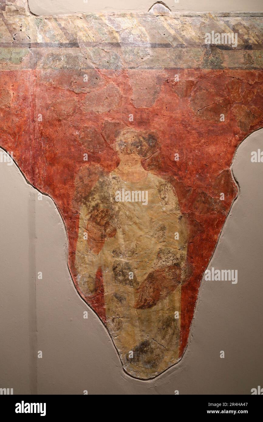 Roman fresco of robed figure holding a staff, Undercroft Museum, York ...