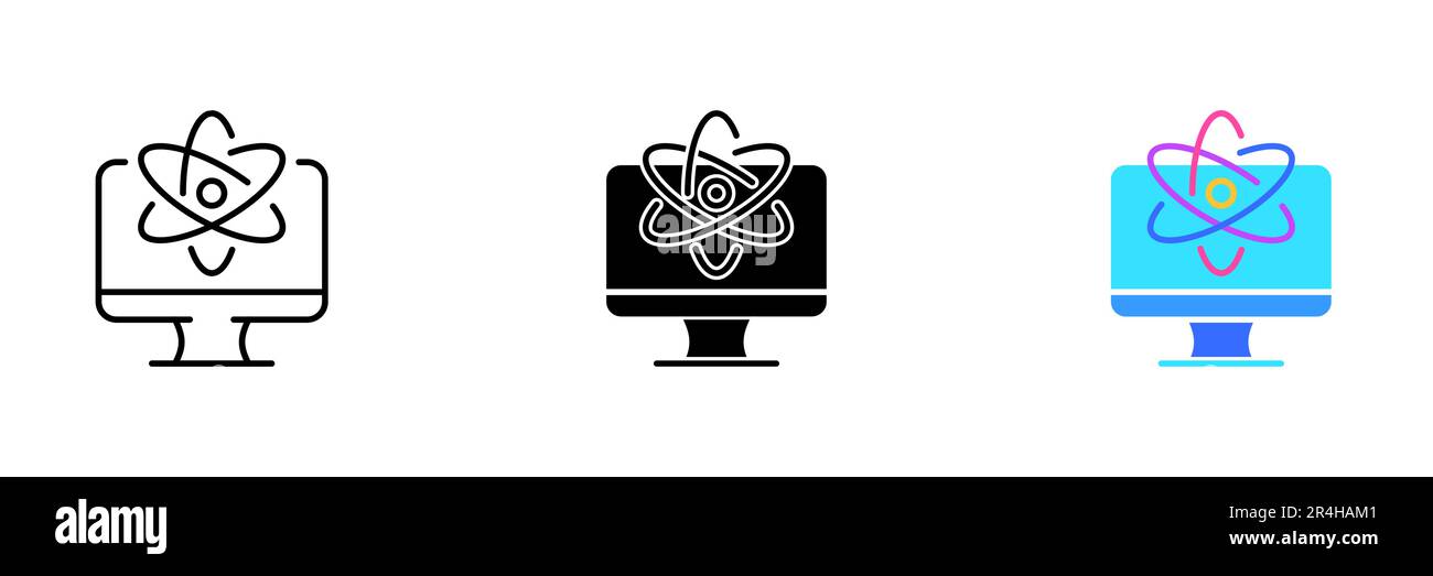 A monitor with an atom sign. Vector set of icons in line, black and ...