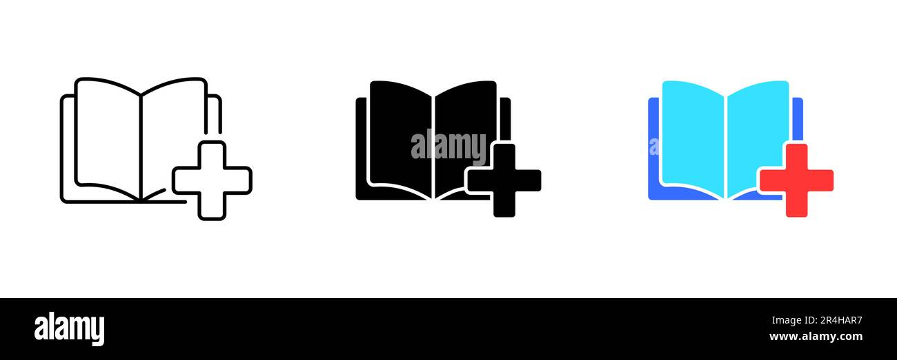 An open book with a plus sign. Vector set of icons in line, black and ...