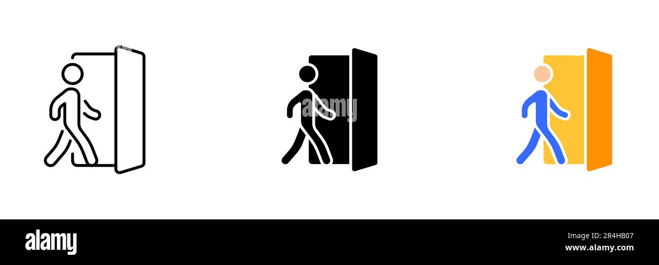A vector illustration of a person walking towards an exit sign. Vector ...
