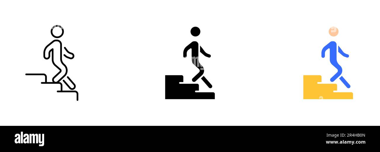 A vector illustration of a person descending stairs or steps. Vector set of icons in line, black ...