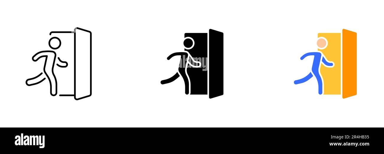 A person running into a door. Vector set of icons in line, black and ...