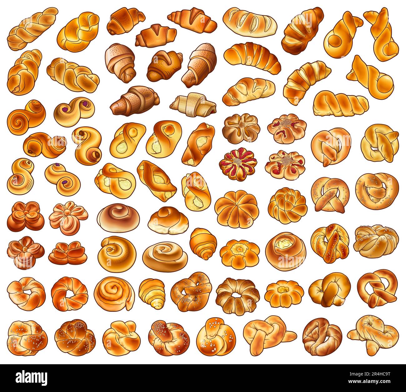 Bakery objects and elements cartoon set. Buns and pastries hand drawn ...