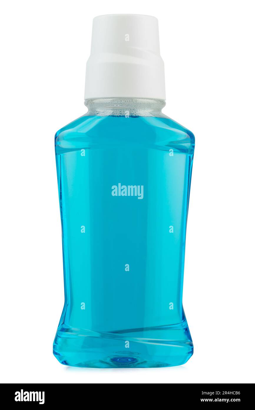 Bottle with blue liquid cosmetic for teeth, isolated on white ...