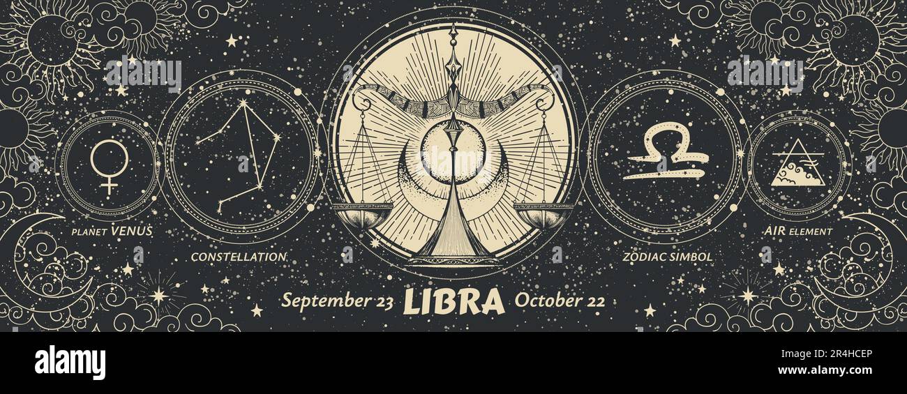 Libra zodiac sign, modern astrology graphic banner on vintage black ...