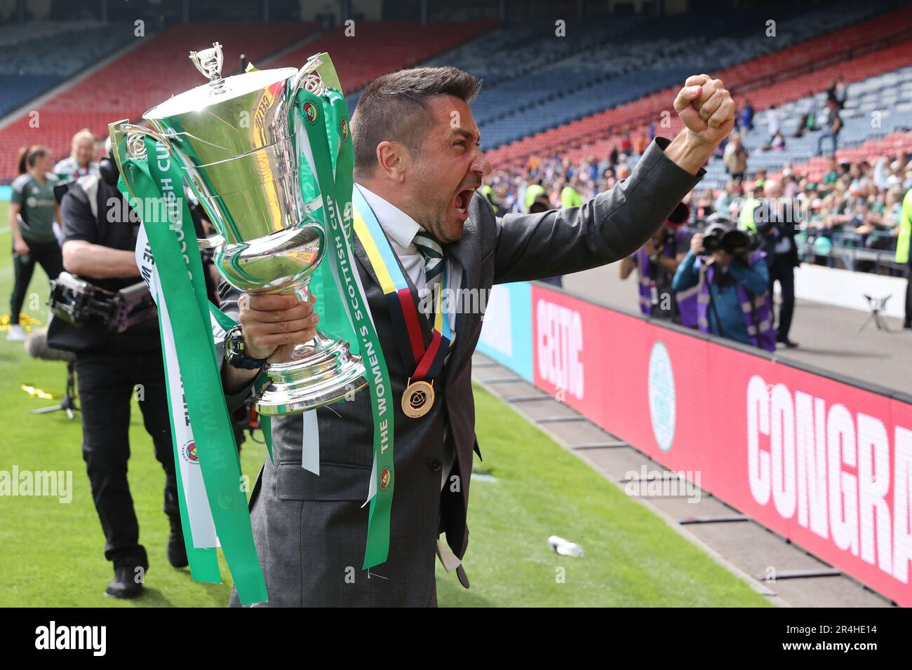 Celtic manager Fran Alonso celebrates with the trophy after the Women's ...