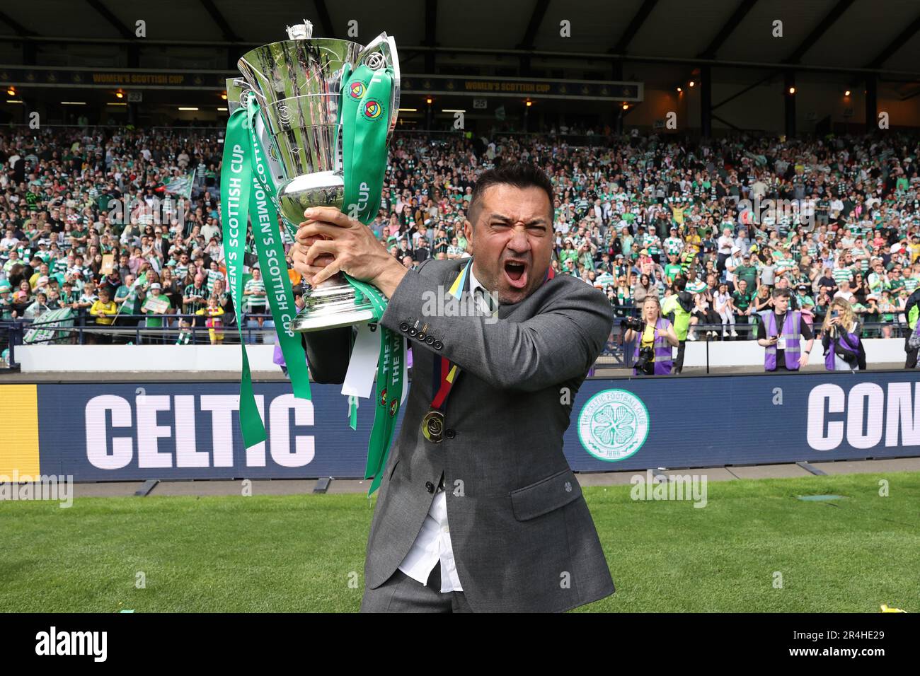 Celtic manager Fran Alonso celebrates with the trophy after the Women's ...