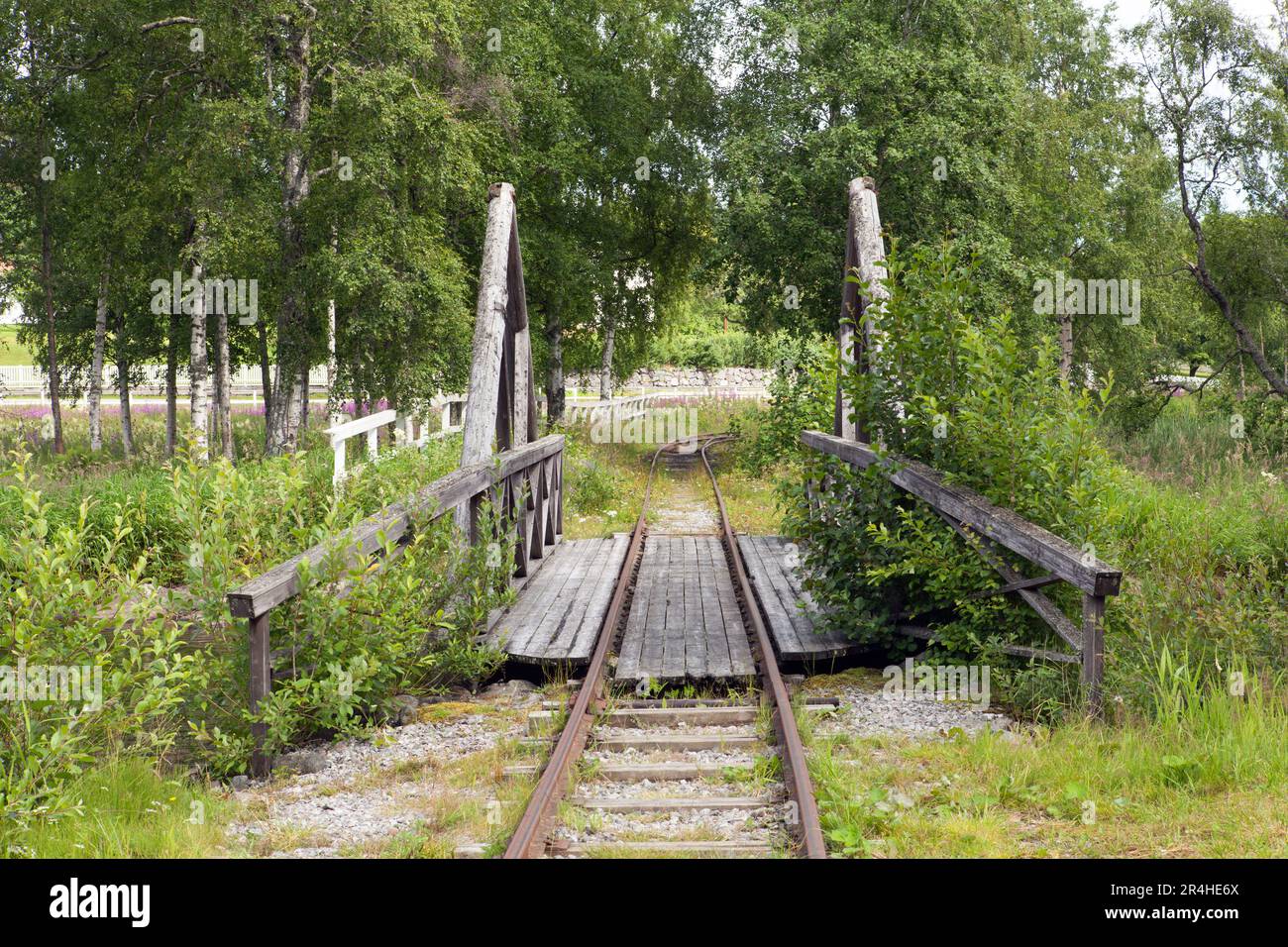 Railroad, railway track in the summertime. Fence and building by its ...