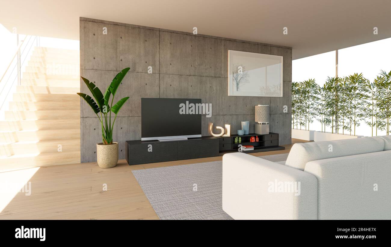 Internal view of an open space with big windows, large size, modern and ...