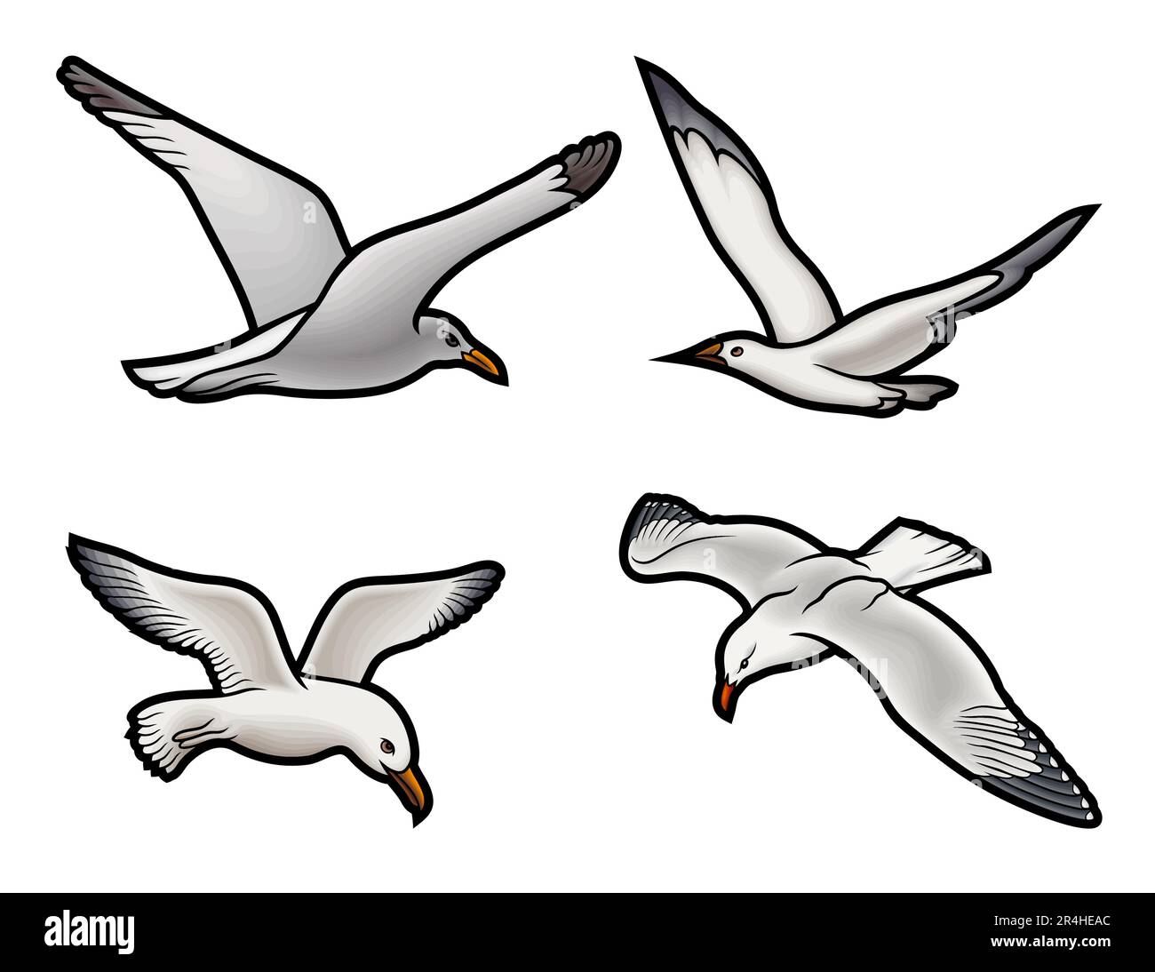Cartoon Cute Doodle Seagulls Set Colorful Vector Funny Illustration