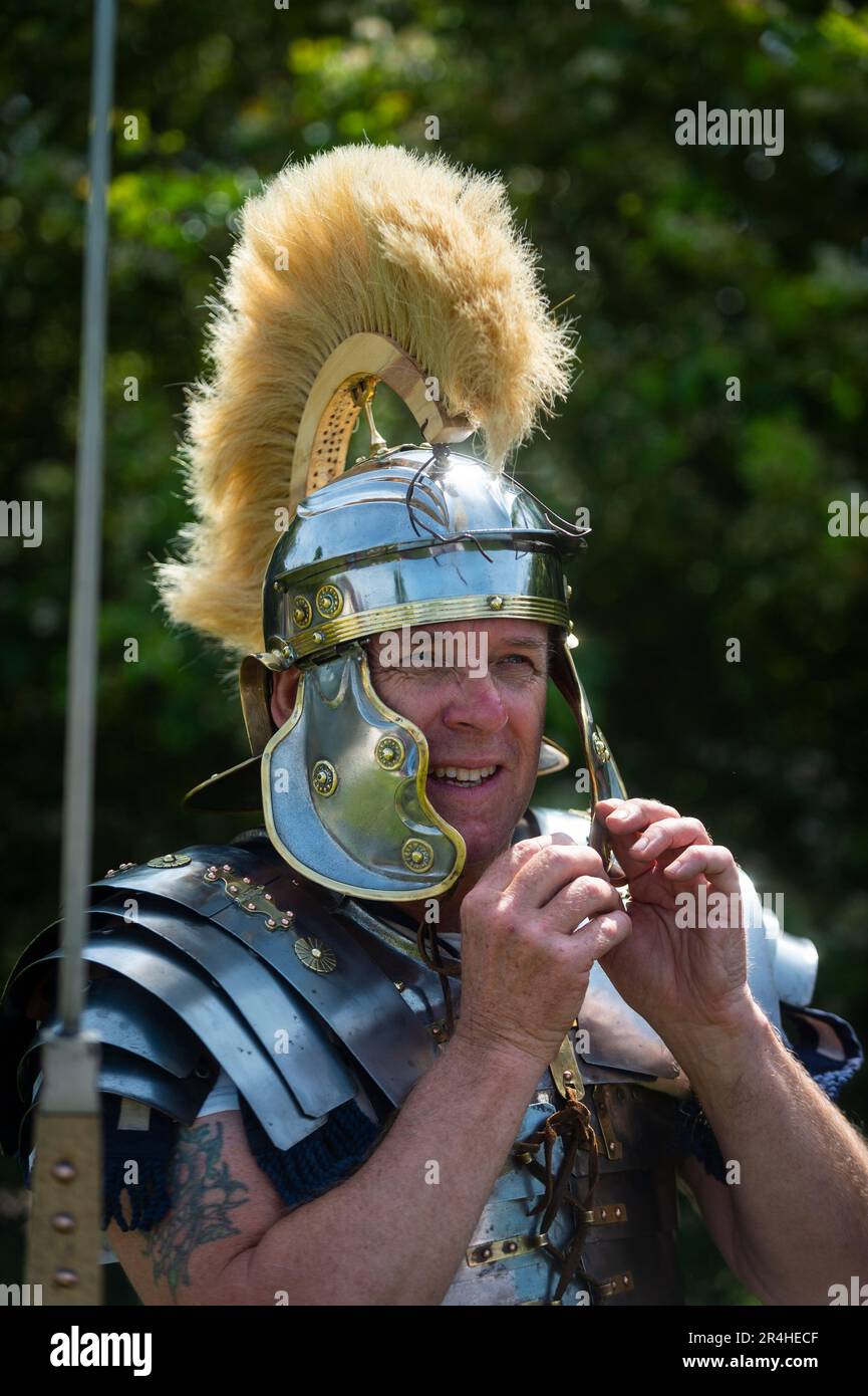 Chalfont, UK. 28 May 2023. A gladiator takes part in Gladiator Games at ...