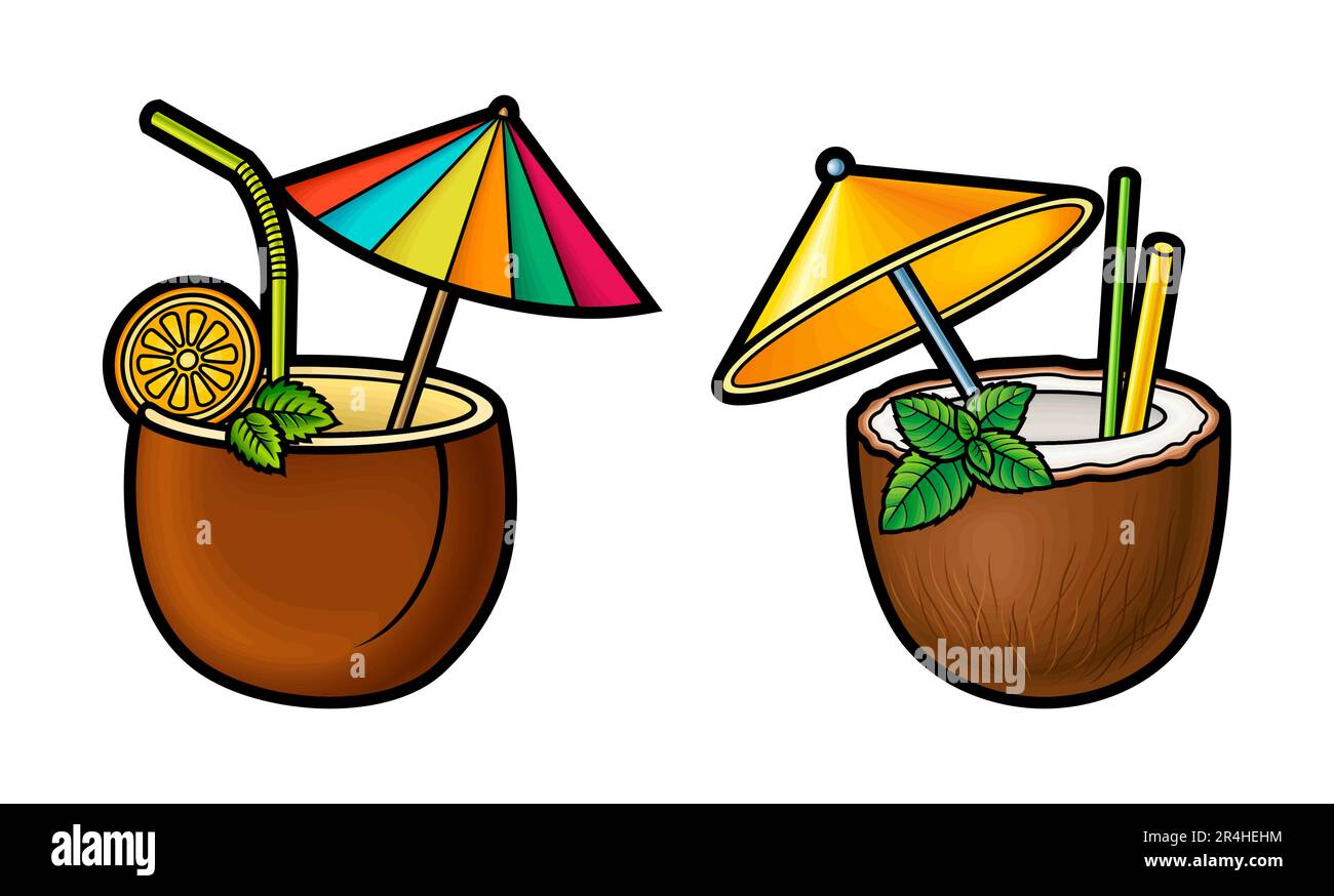 Cartoon set of doodle coconuts. Summer beach food vector funny ...