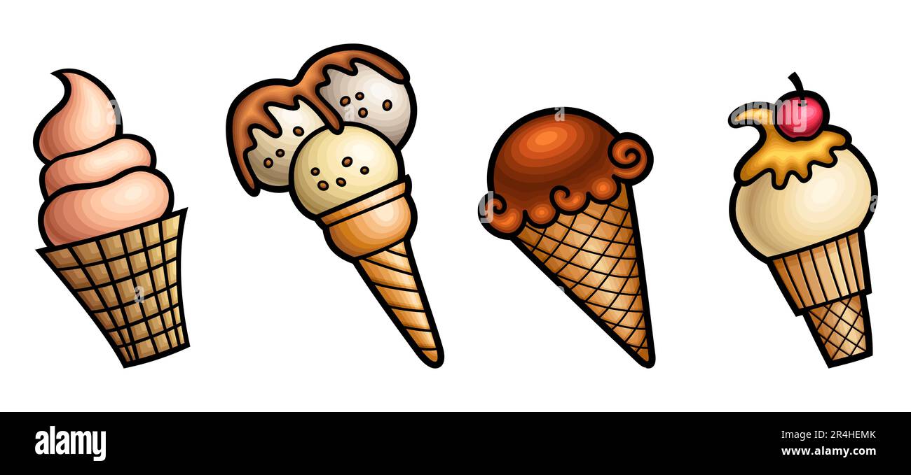 Cartoon set of doodle ice cream. Summer beach food vector funny ...