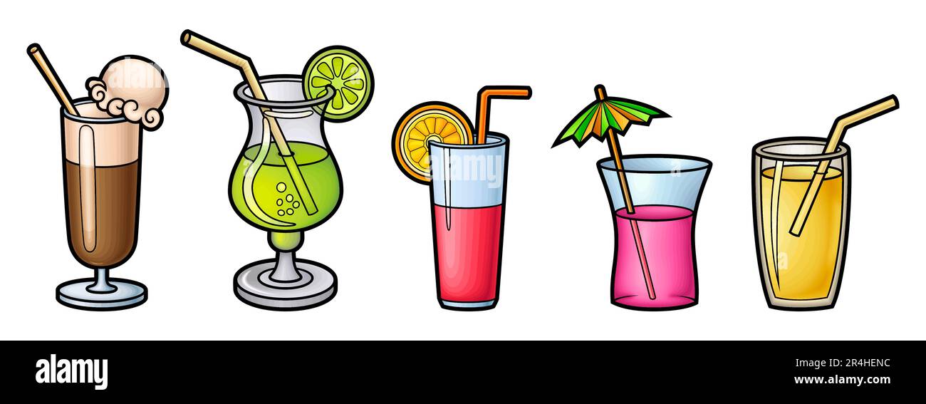 Cartoon set of doodle beverages. Summer beach drinks vector funny ...