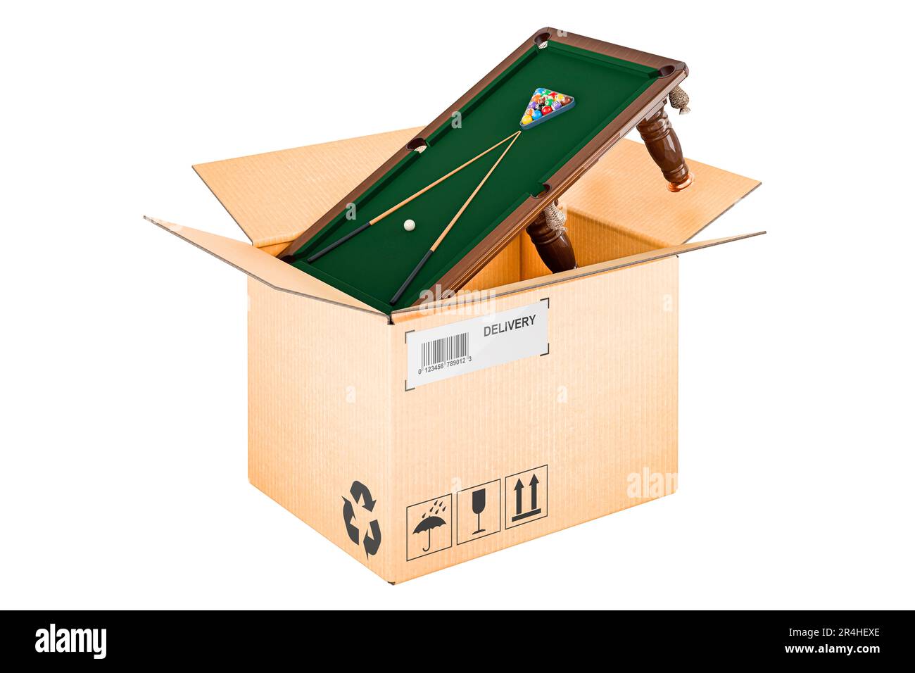 Billiard table inside cardboard box, delivery concept, 3D rendering ...
