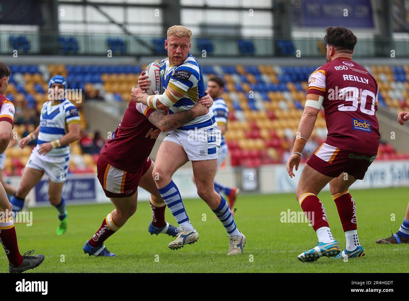 York, UK. 28th May, 2023. Will Calcott bursts through the Batley ...