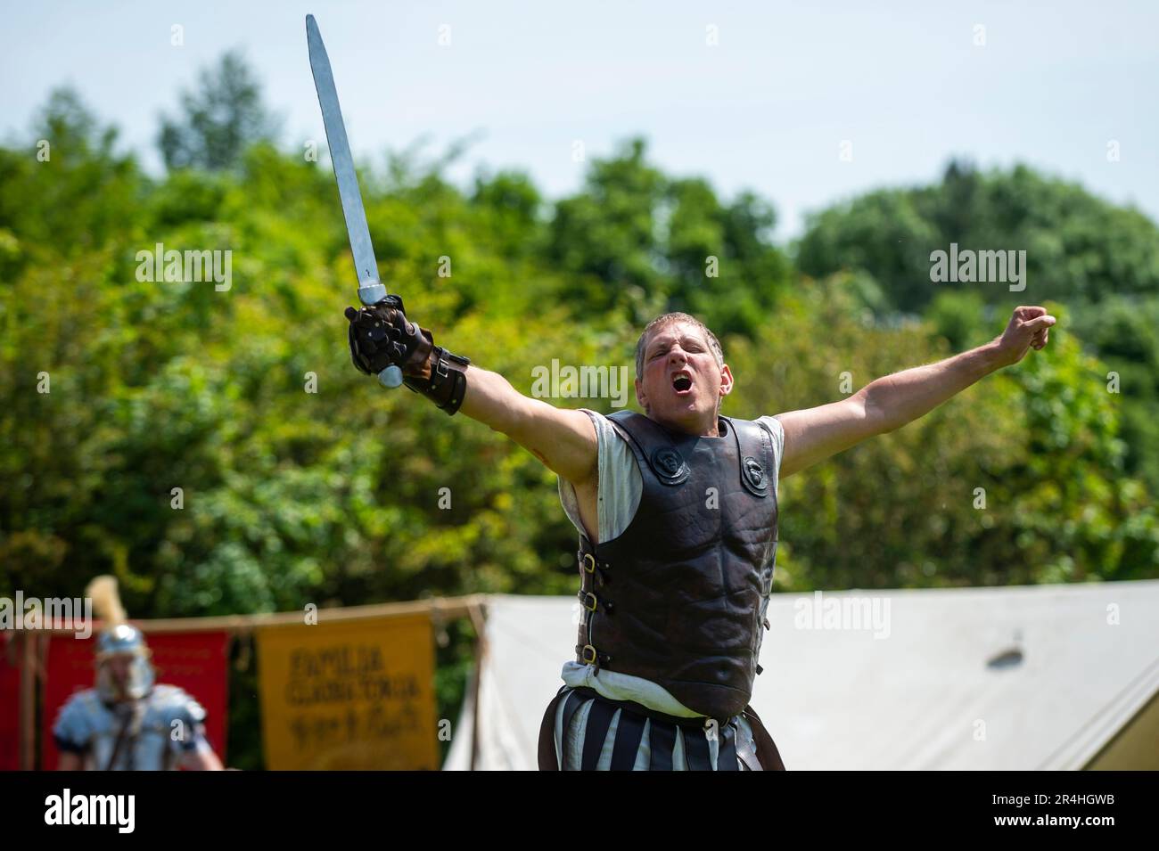 Chalfont, UK. 28 May 2023. A gladiator takes part in Gladiator Games at ...