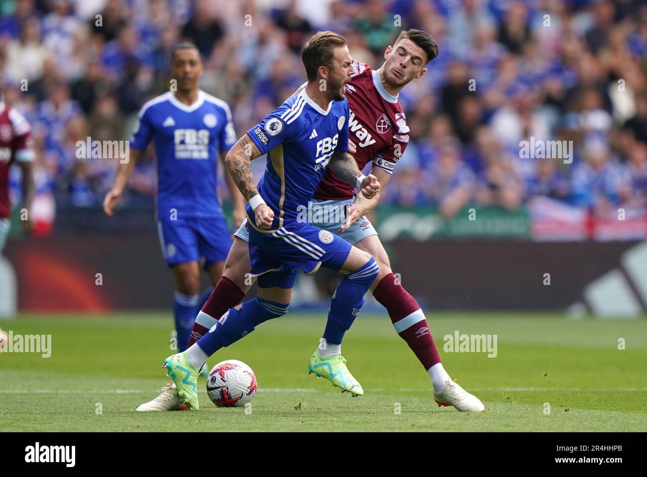 West Ham United's Declan Rice (right) and Leicester City's James ...